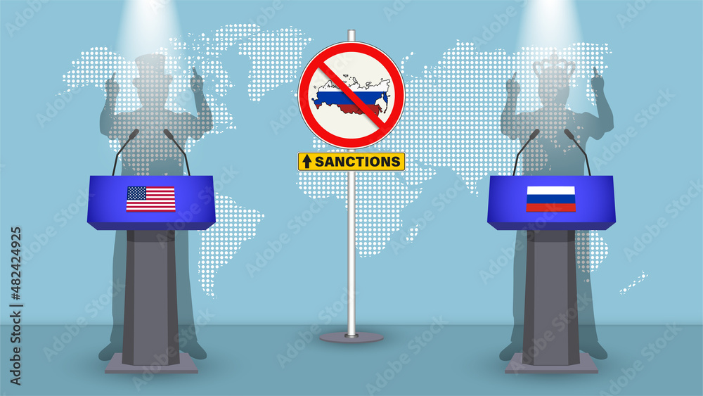 3d tribunes with flags of the USA and Russia, a prohibition road sign ...