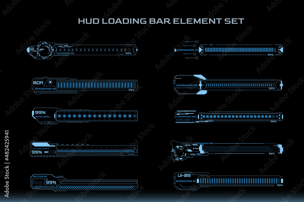 HUD Futuristic Loading Bars UI Processing Status Set. Digital Scifi Technology Number Percentage ...