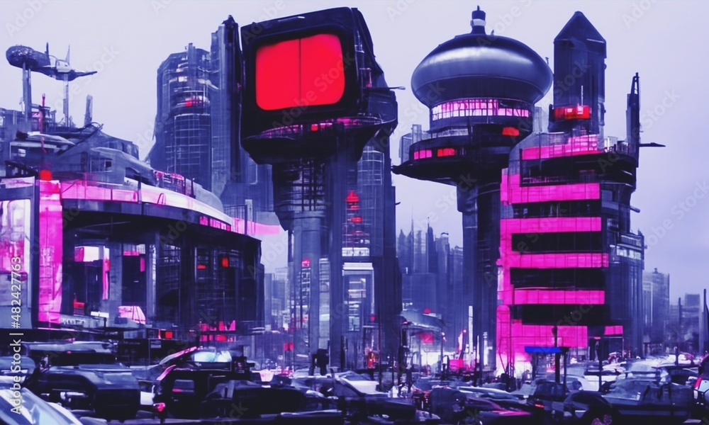Cyberpunk city in retro futuristic style. Huge futuristic buildings ...