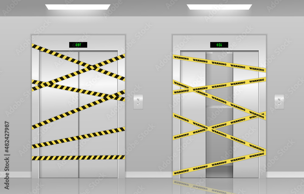 Realistic 3d broken elevators on repair with warning yellow tape ... Realistic 3d broken elevators on repair with warning yellow tape ...