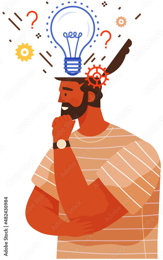 Human head open with color question mark, gear, light bulb. Dealing ...