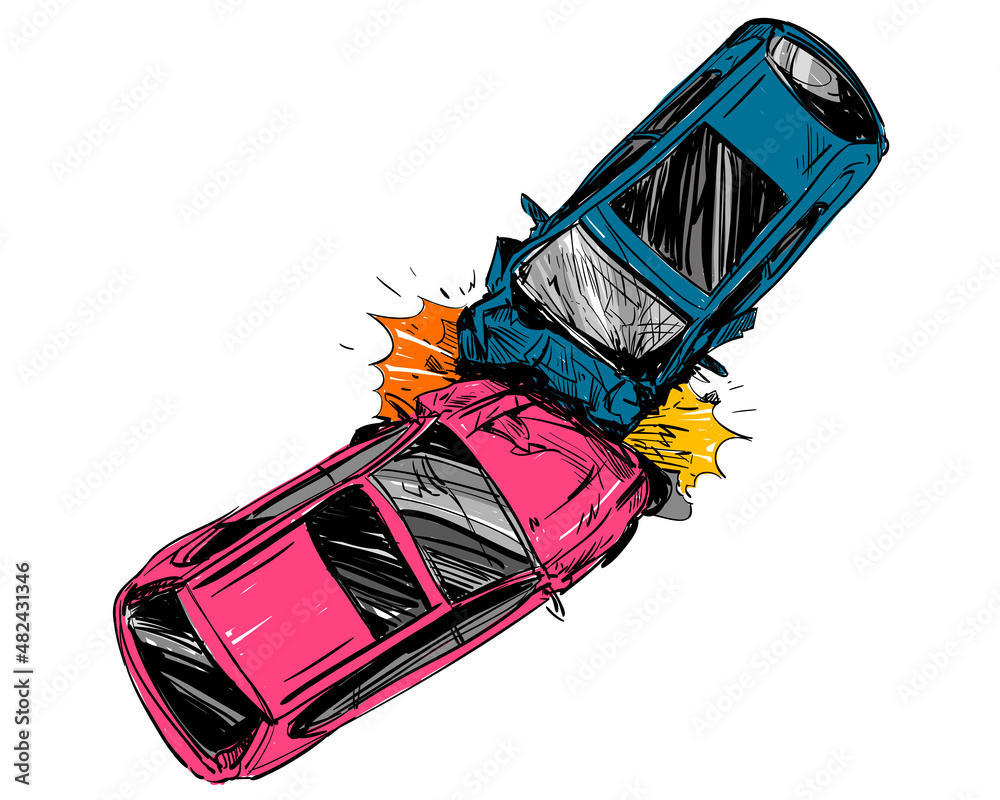 Two cars crash hand drawn illustration. Auto accident sketch, vector ...