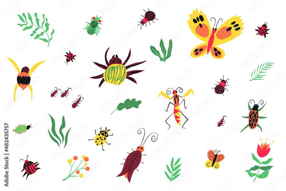 Set of hand drawn insects and plants.Summer set of pictures for print ...