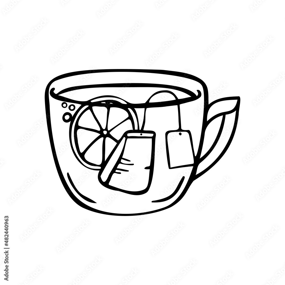 Сup of hot tea with tea bag in doodle style. Monochrome drawing. Vector ...