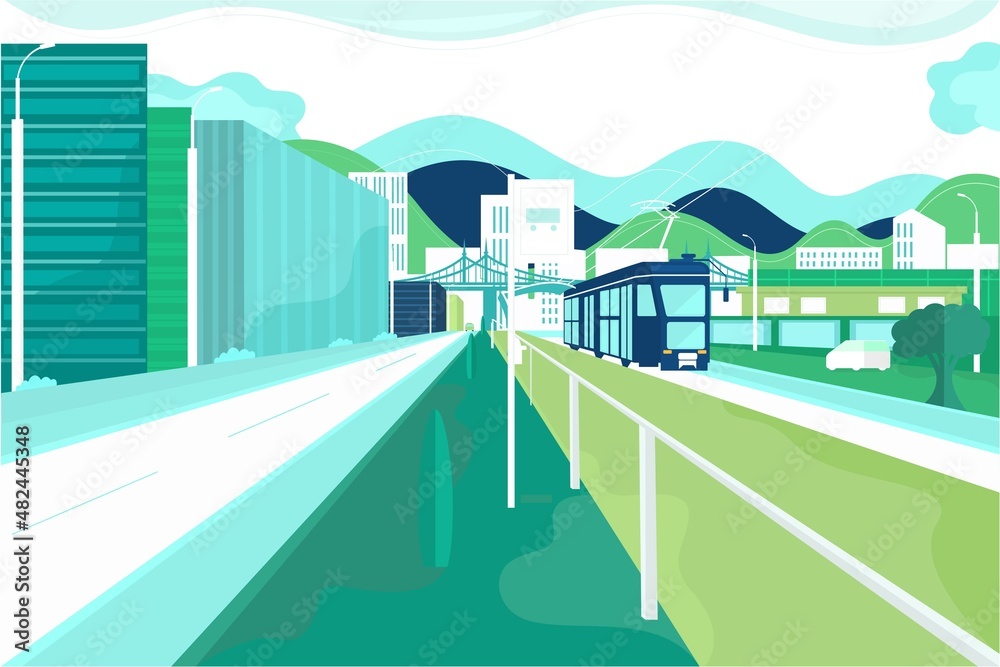 Vector poster with road and city view. Modern city with skyscrapers ...