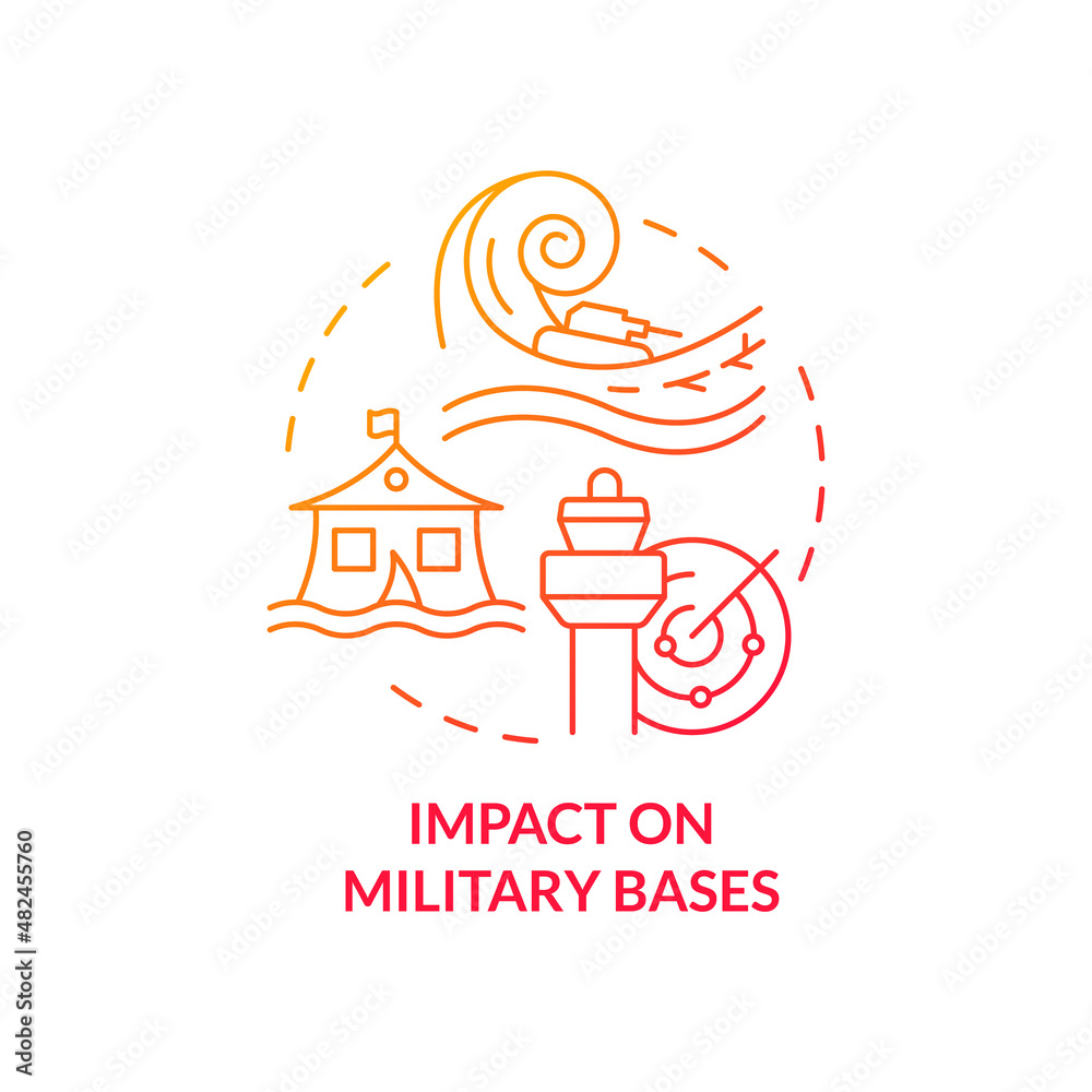 Impact on military bases red gradient concept icon. Climate change ...