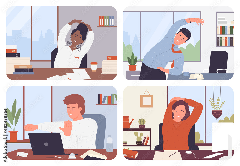 Vetor de Business people do healthy sport exercises in office and relax ...