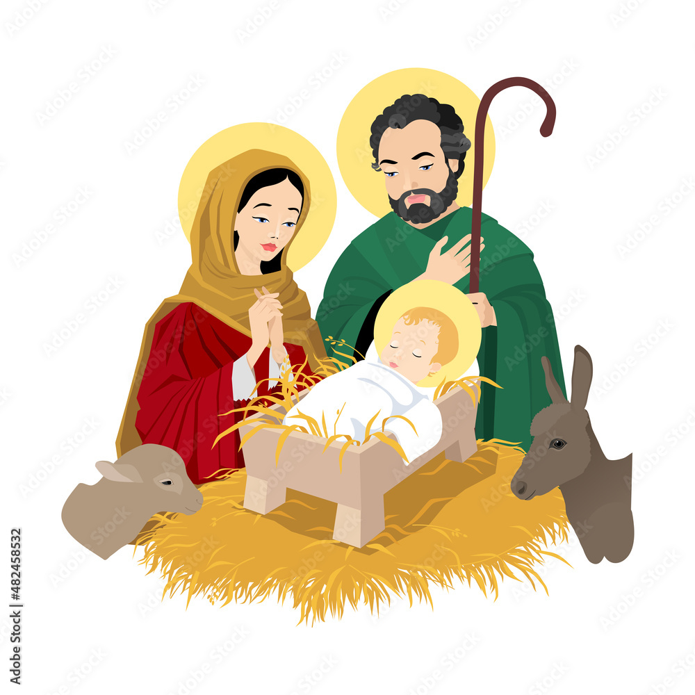 Christmas nativity scene with Holy Family. Mary, Joseph and the baby ...