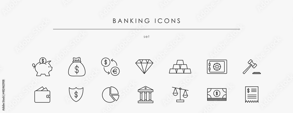 Banking and finance linear icon set. Bank symbols set isolated on white ...