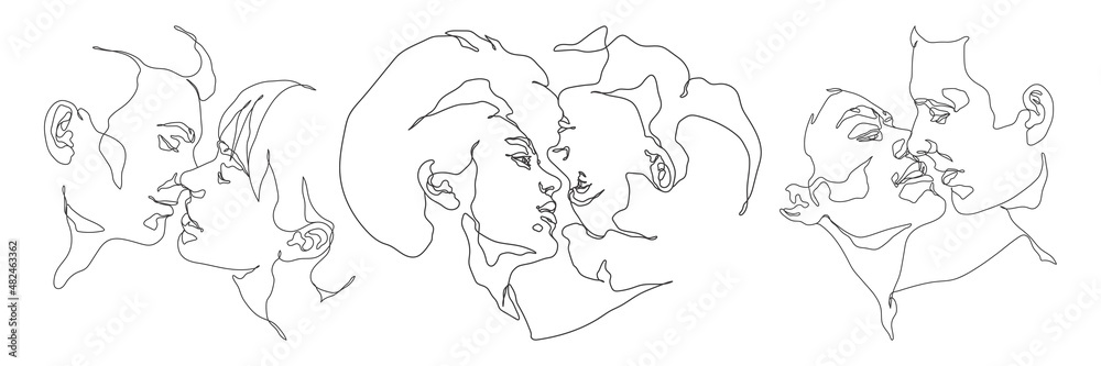 Couple in love. Romantic lovers faces. Heart frame. Linear logo tattoo ...
