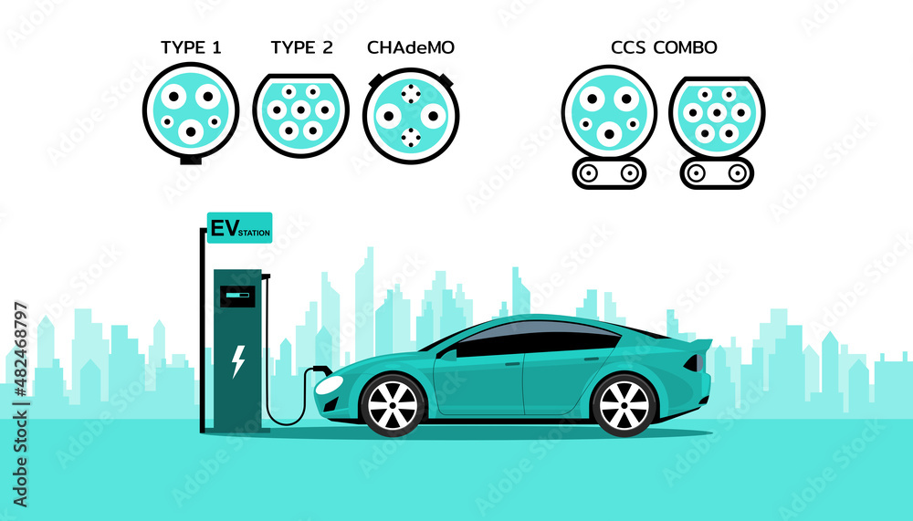 Basic connectors for charging an electric car. EV type adapters. Vector ...