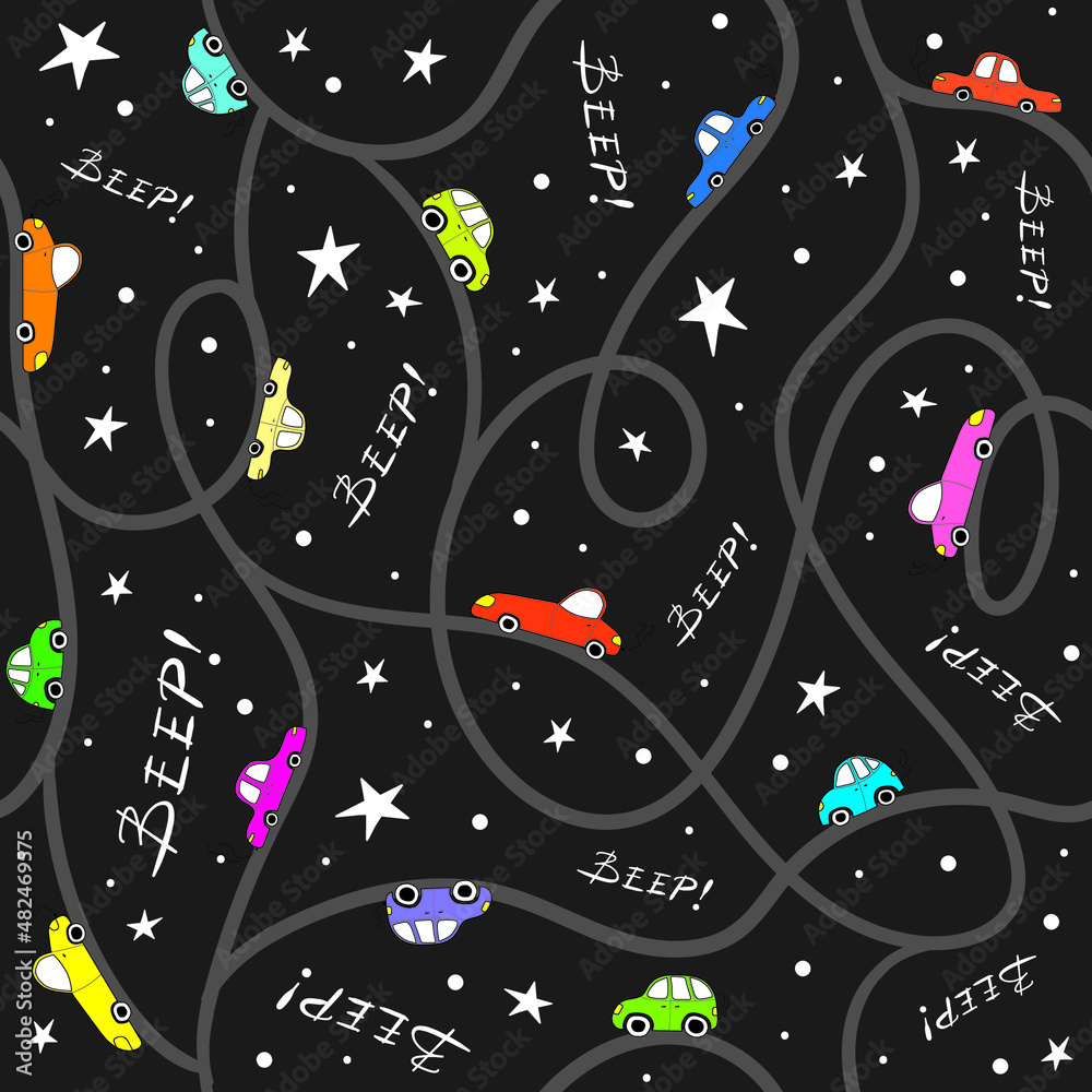 Colorful cute cars, highway and trees seamless pattern. Wallpaper for ...