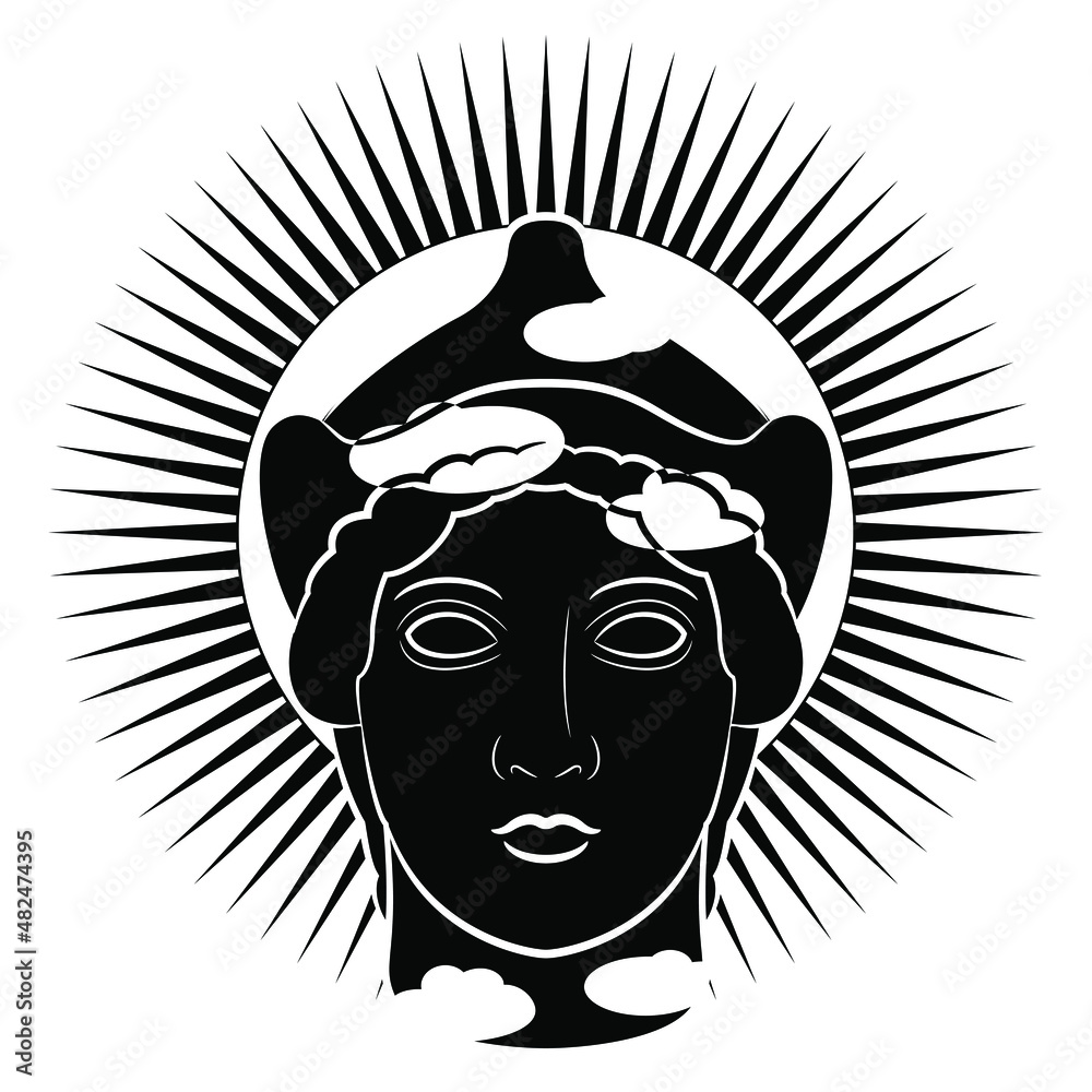 Female head as sunny day with white clouds in blue sky and shining ...