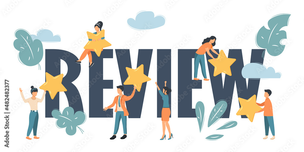 Review and rate concept. People sitting on a big review letters and ...