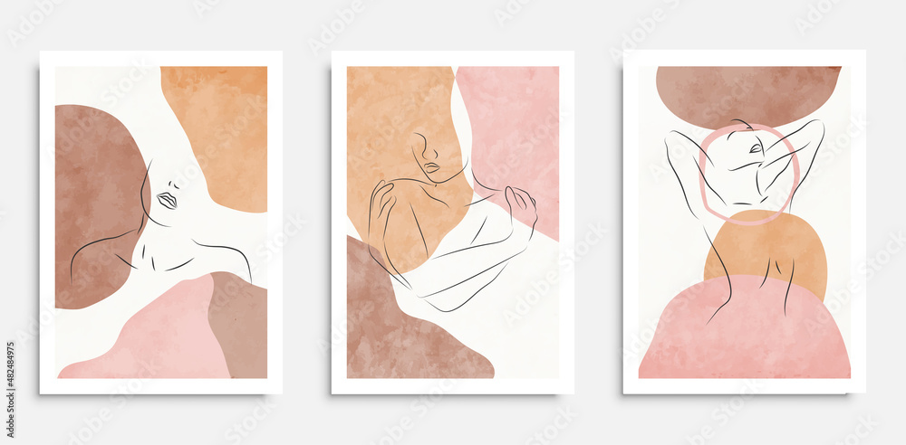Woman One Line Drawing Prints With Abstract Shapes Female Figure