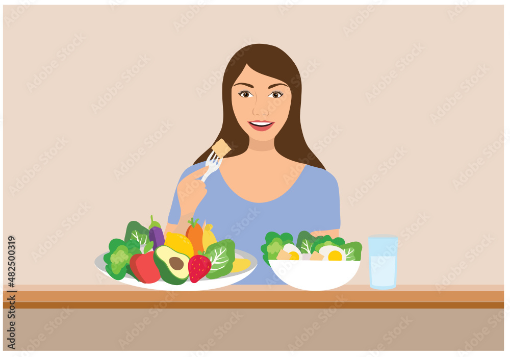 Healthy woman eating healthy food bowl vector illustration. Healthy ...