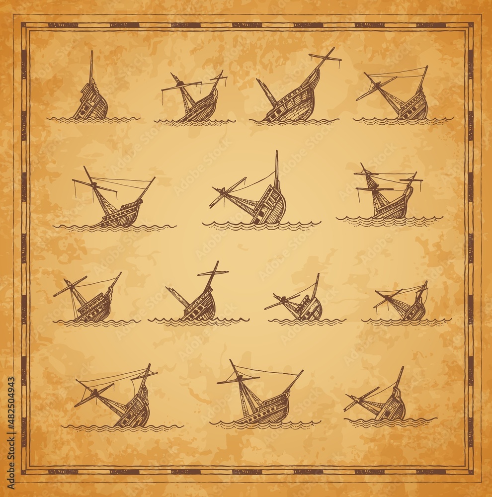 Sunken sailing ships sketches, vintage map elements. Vector engraved ...