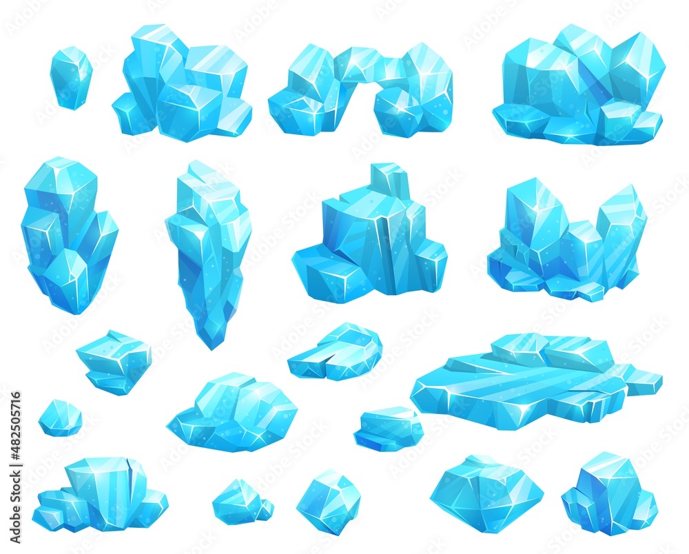 Cartoon frozen ice crystals and icicles, blocks and icebergs, magic ...