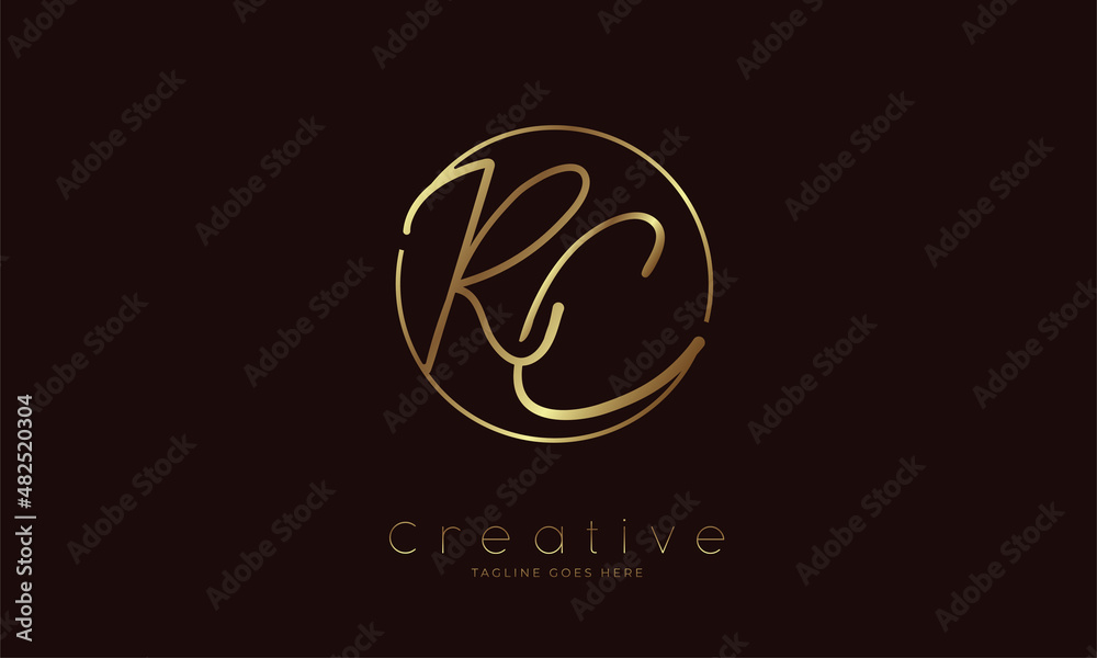 Initial RC Logo. hand drawn letter RC in circle with gold colour ...