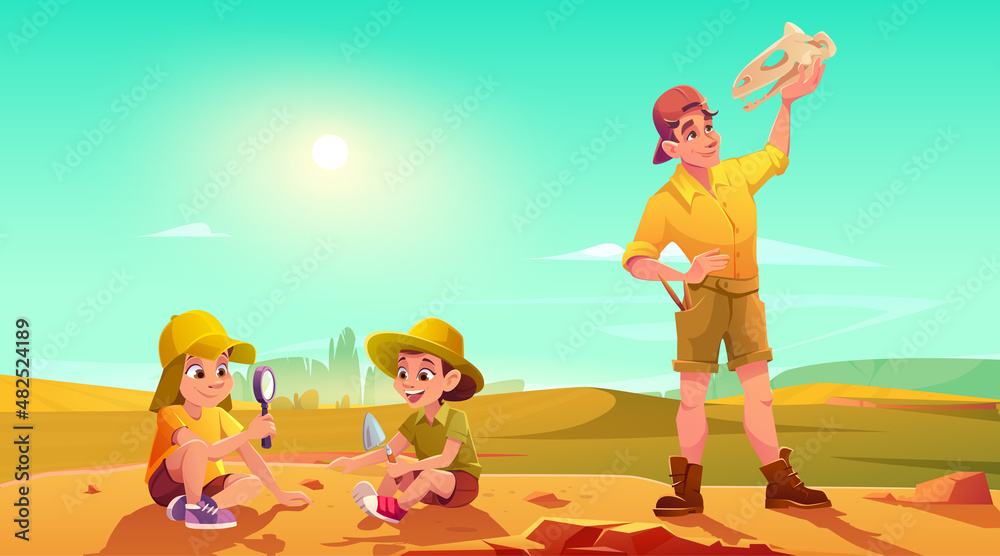 Kids explore archaeology and dino fossils, children play in ...