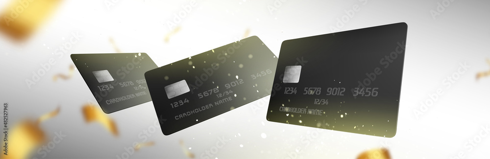 Black plastic credit cards falling with gold ribbons. Vector realistic ...