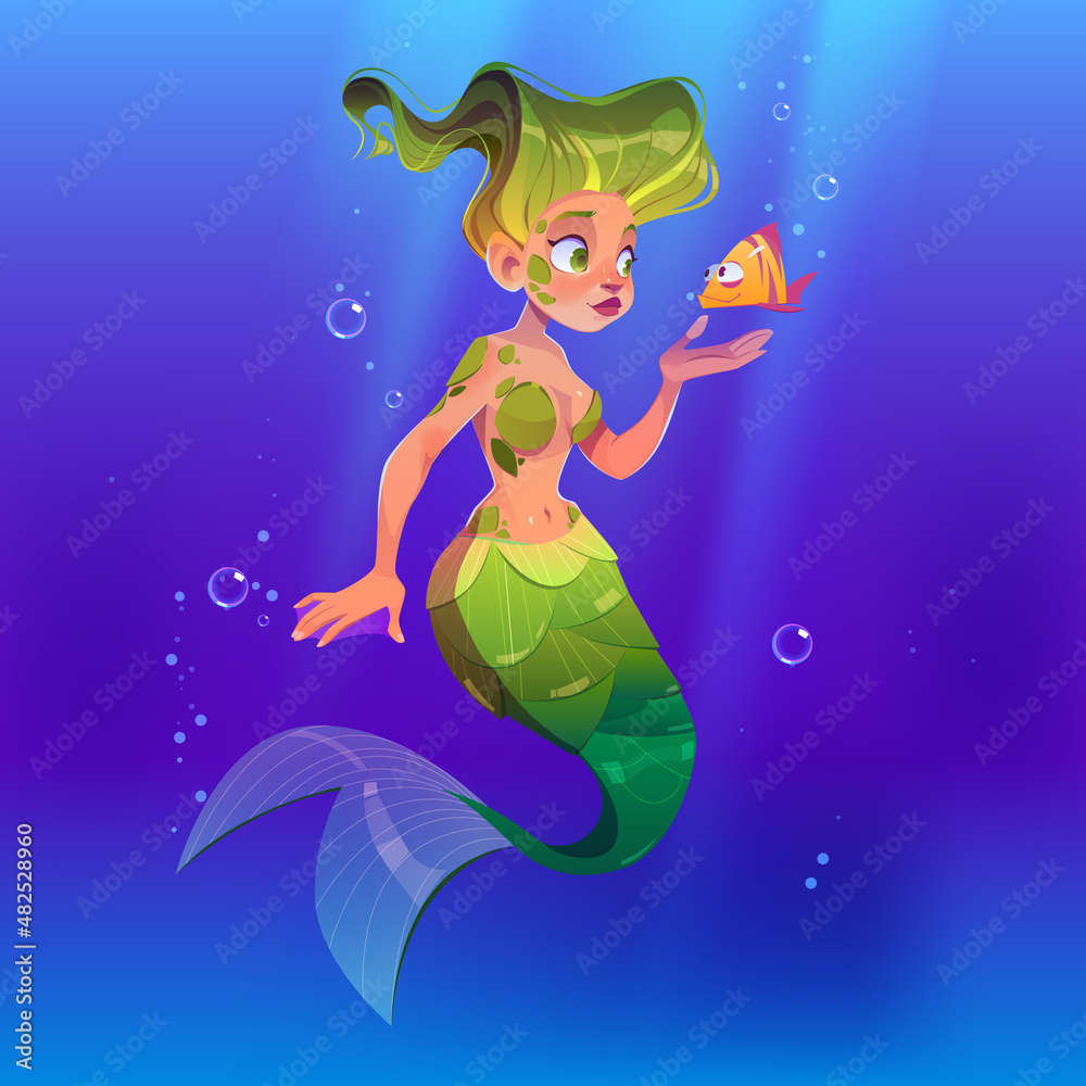 Beautiful mermaid with little fish underwater in sea. Vector cartoon ...