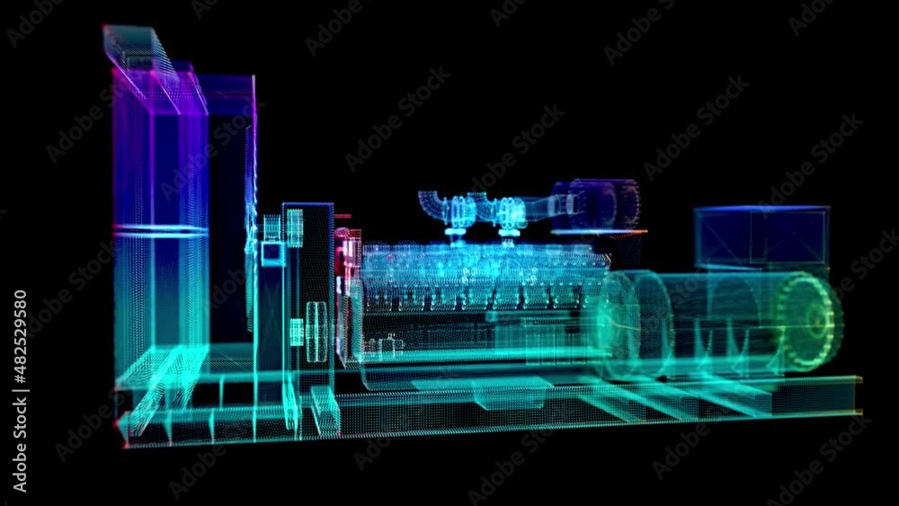 Engine of CHP unit. Diesel and gas industrial electric generator. Blue ...