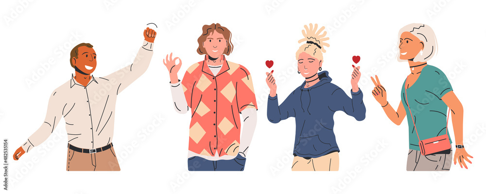 Set of Happiness Emotions Symbols. Various People Showing Positive Body ...