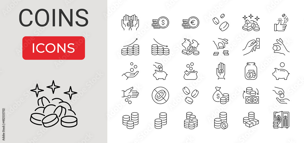 Set of Coins Related Line Icons. Contains such Icons as Coins Stack ...