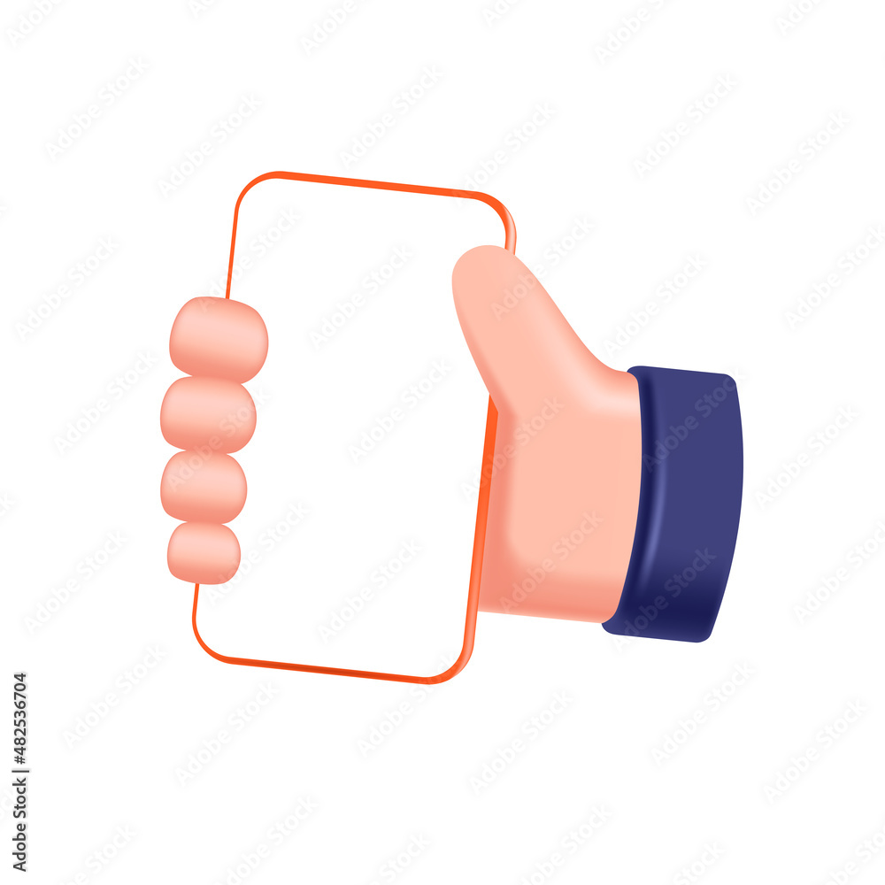 Volumetric hand holds a smartphone layout with a blank, white screen ...