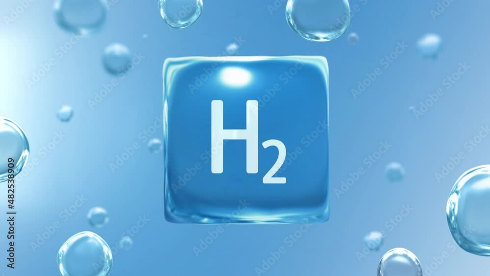 "H2" Hydrogen titled water bubble cube. 3D animation bio infographics ...