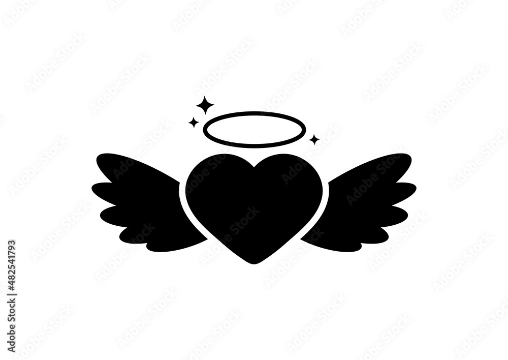 Angel heart black silhouette icon isolated on white background. Heart ...