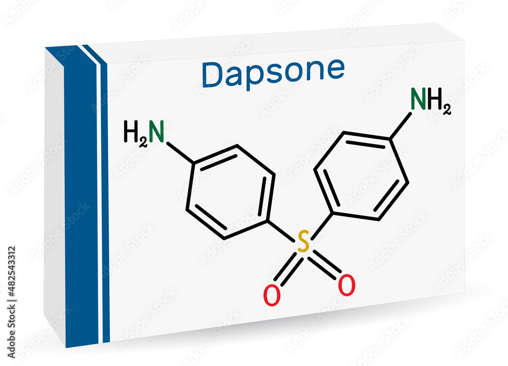 Dapsone, diaminodiphenyl sulfone, DDS molecule. It is sulfone ...