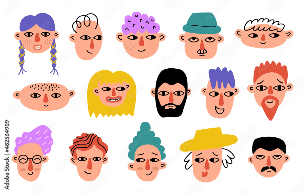 Big set hand drawn different characters face isolated on white ...