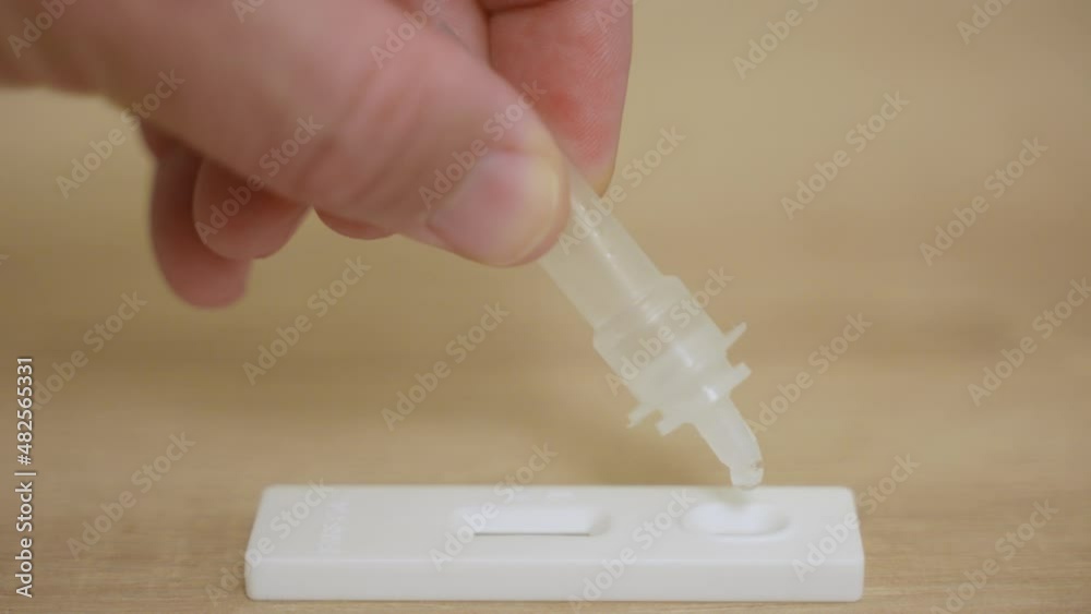 Performing a COVID Rapid Antigen Test at home. Close-up of adding the ...