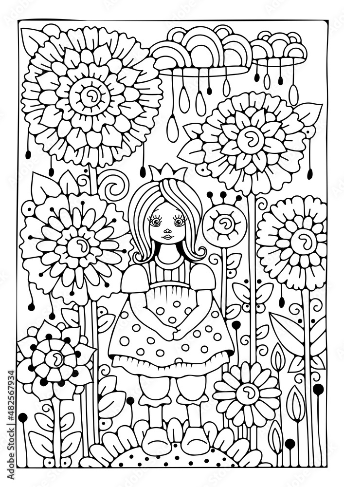 Coloring page. A girl in a dress stands in a magical flower garden ...