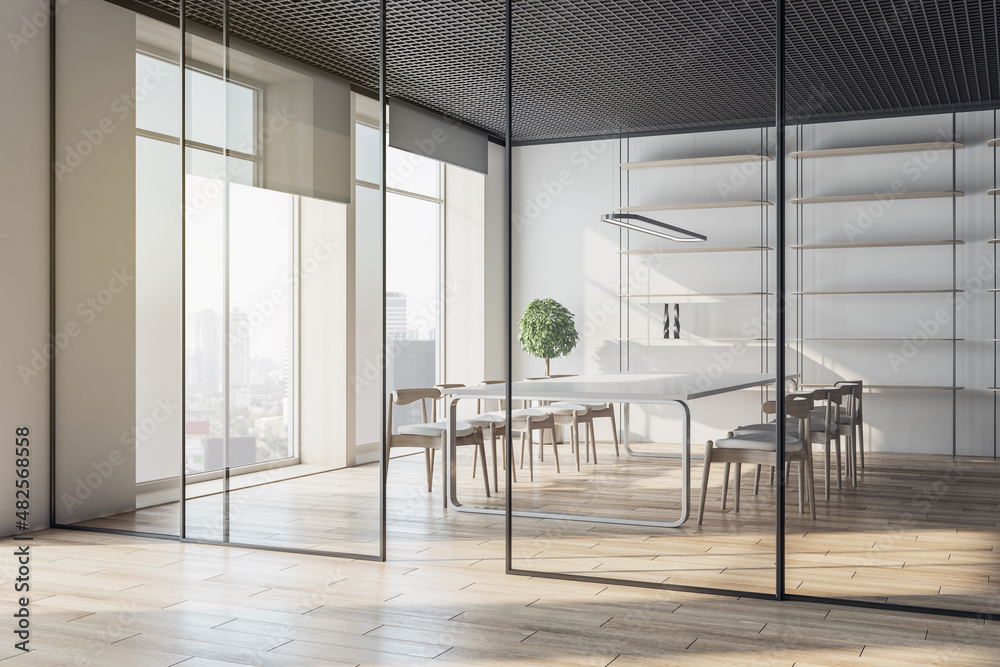 Contemporary conference room interior with window and city view, glass ...