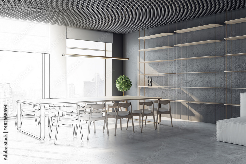 Sketch of contemporary conference room interior with window and city ...