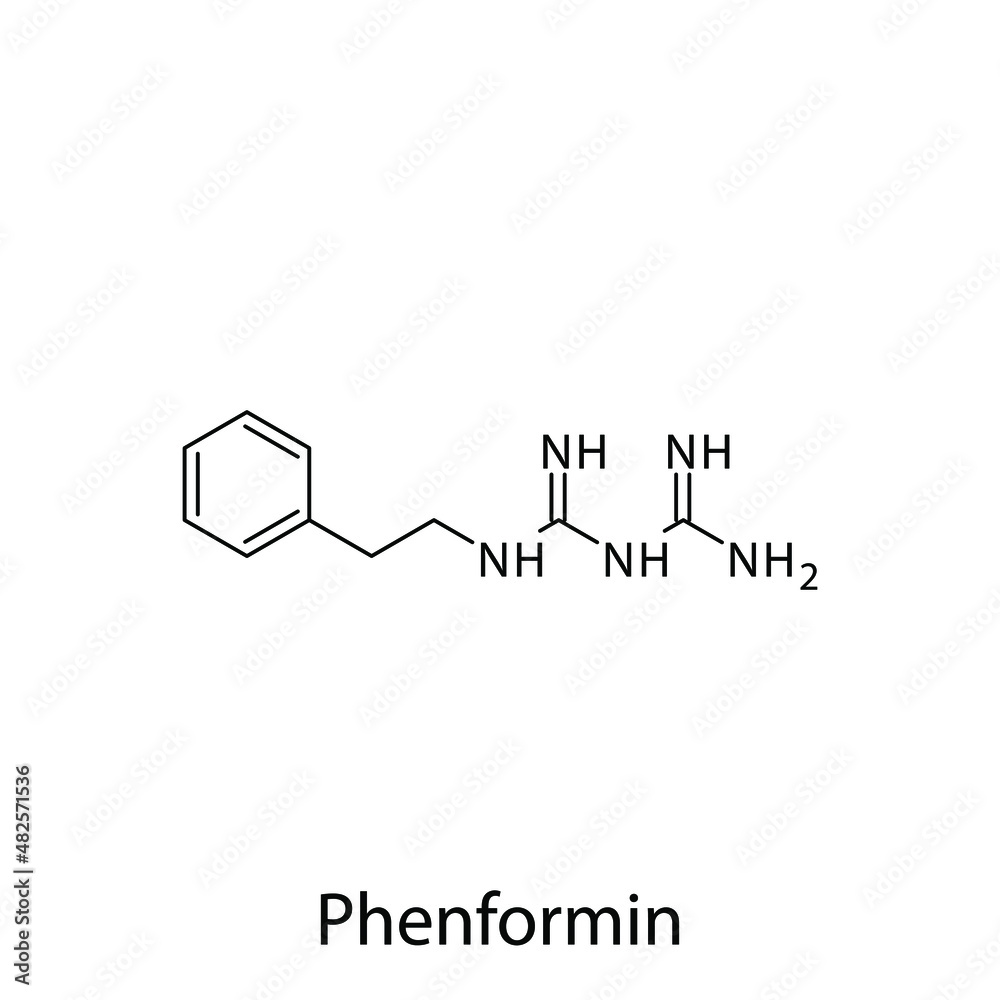Phenformin molecular structure, flat skeletal chemical formula ...