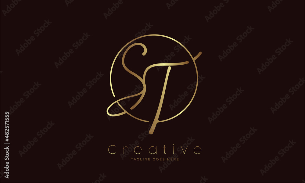 Initial ST Logo, hand drawn letter ST in circle with gold colour ...