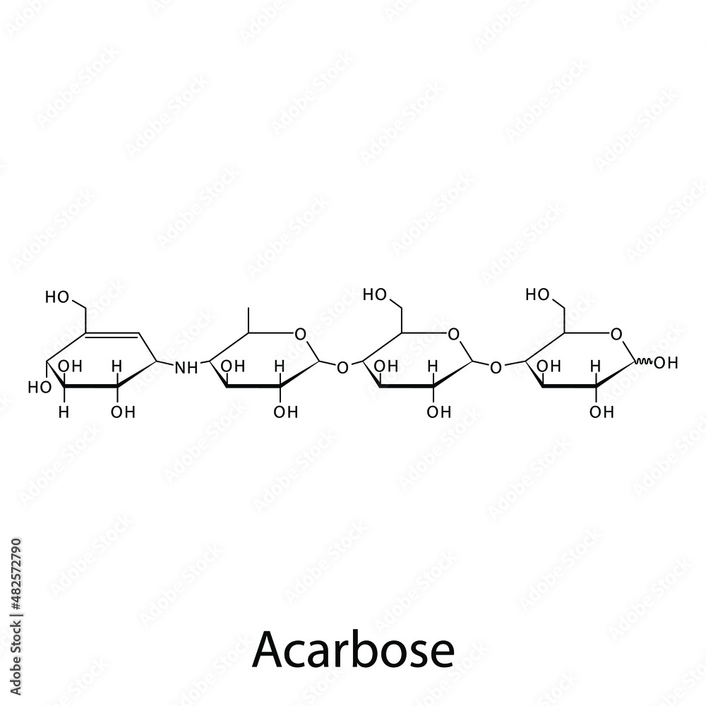 Acarbose molecular structure, flat skeletal chemical formula. Alpha ...