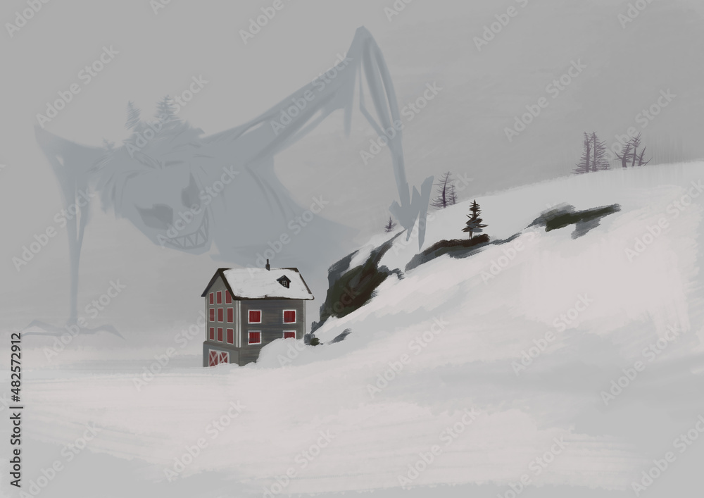 creepy winter landscape depicting a house and a monster. Horror ...