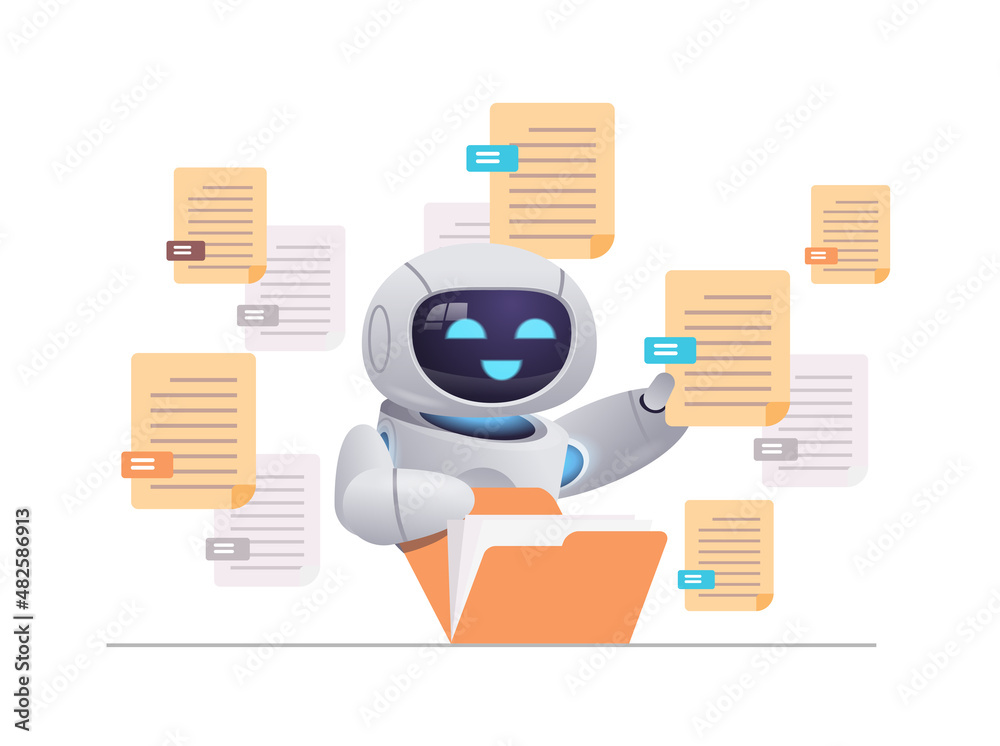 robot sorting documents robotic character organizing folder file ...
