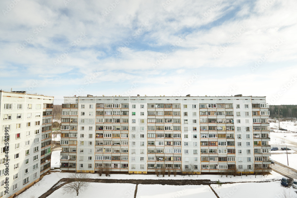 Soviet era block panel houses. Cloudy blue sky, dramatic cloudscape ...