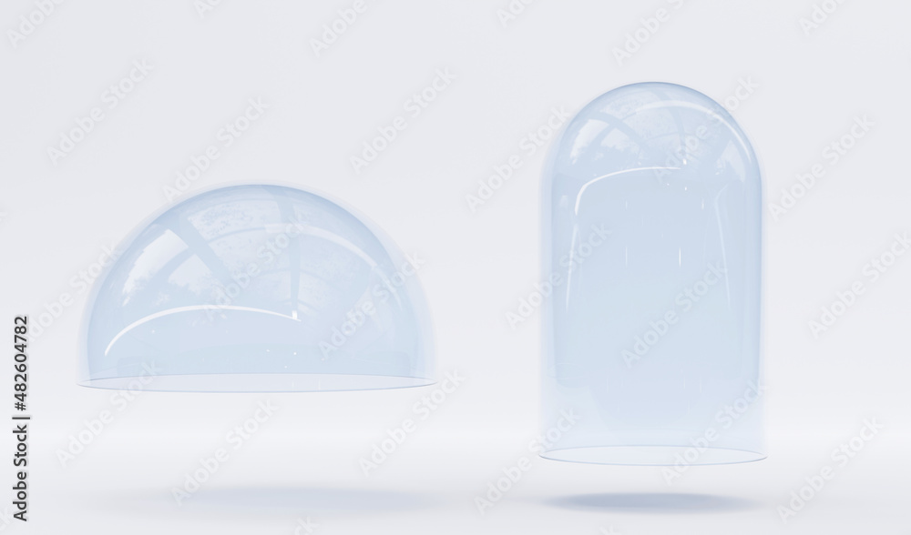 3d render, glass domes isolated on white background. Cylindrical and ...