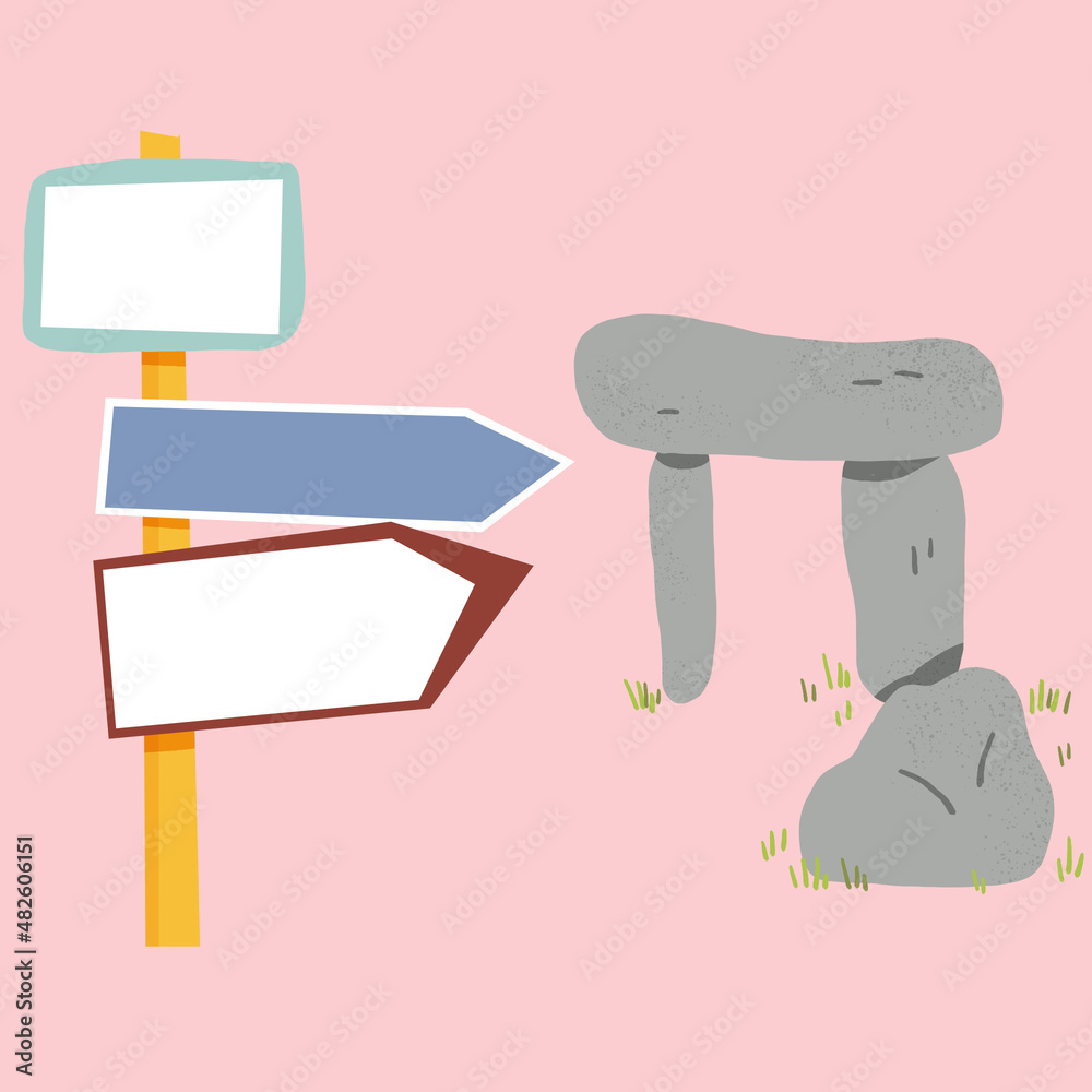 Illustrated elements for a map, street signs and stone ruins Stock ...