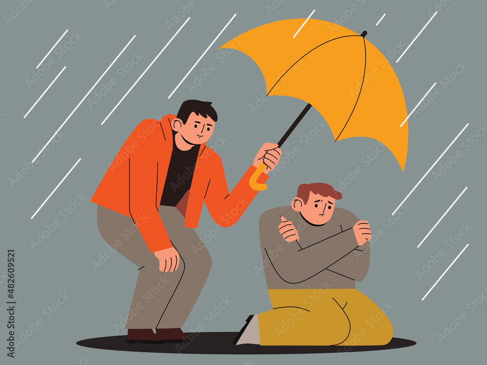 Happy man holding an umbrella to protect his sad friend from rain. The ...