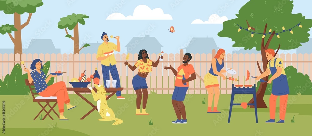 Neighbors and friends have barbecue party outside at the backyard on ...