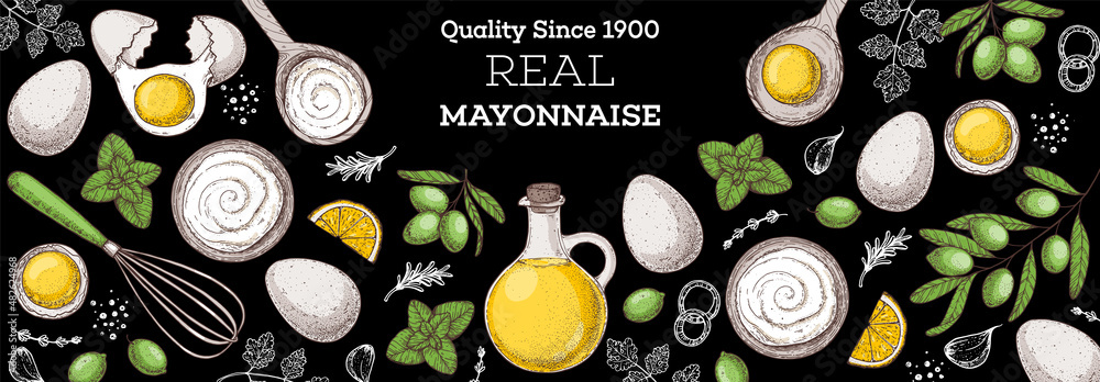 Mayonnaise sauce cooking and ingredients, hand drawn vector ...
