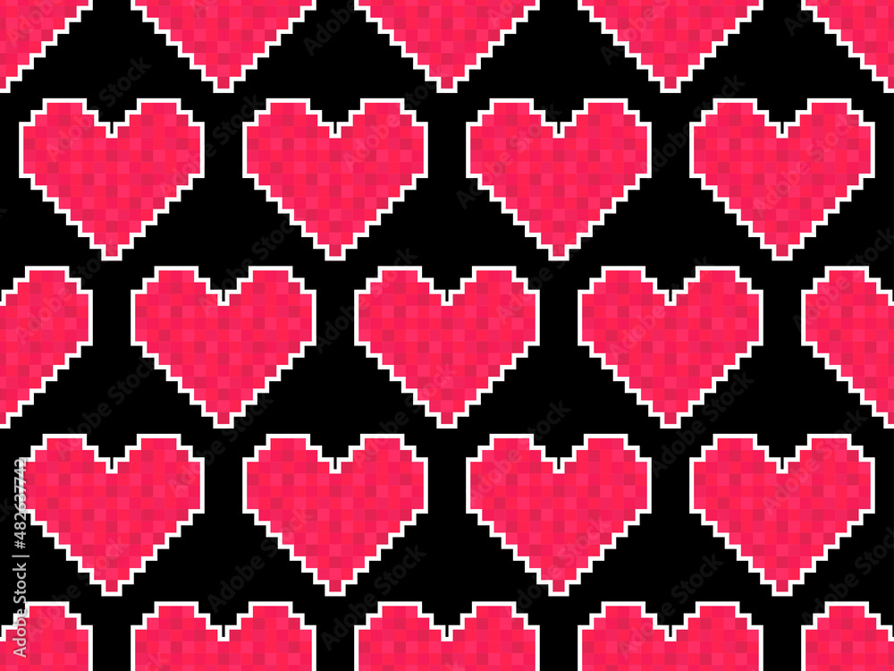 Pixel art hearts seamless pattern. 8-bit red hearts with white stroke ...
